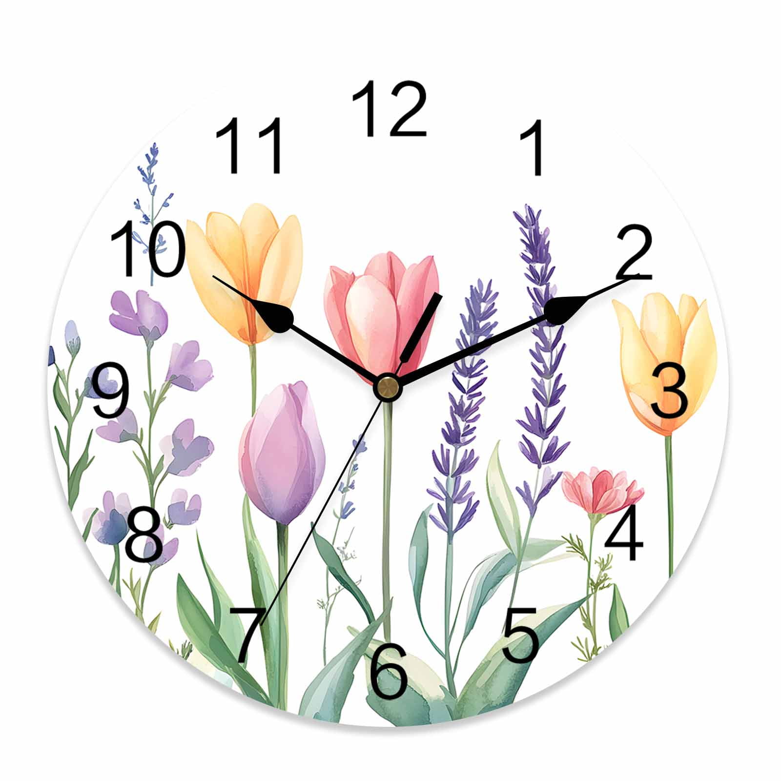 Silent Wall Clocks Battery Operated, Pastel Watercolor Floral Round ...