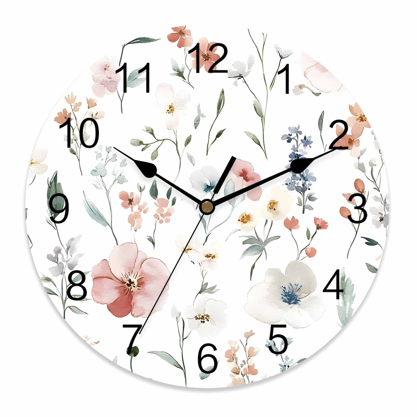Silent Wall Clocks Battery Operated, Pastel Watercolor Floral Round ...