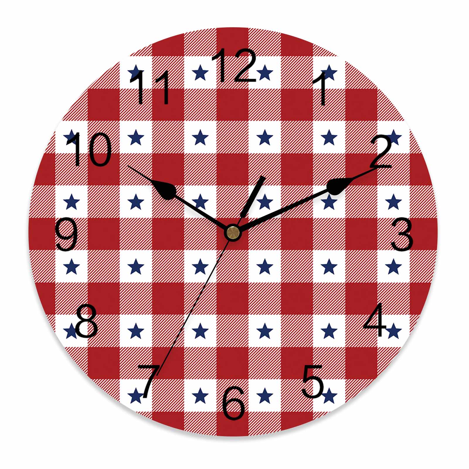 Silent Wall Clocks Battery Operated, Patriotic Americana Star Gingham ...