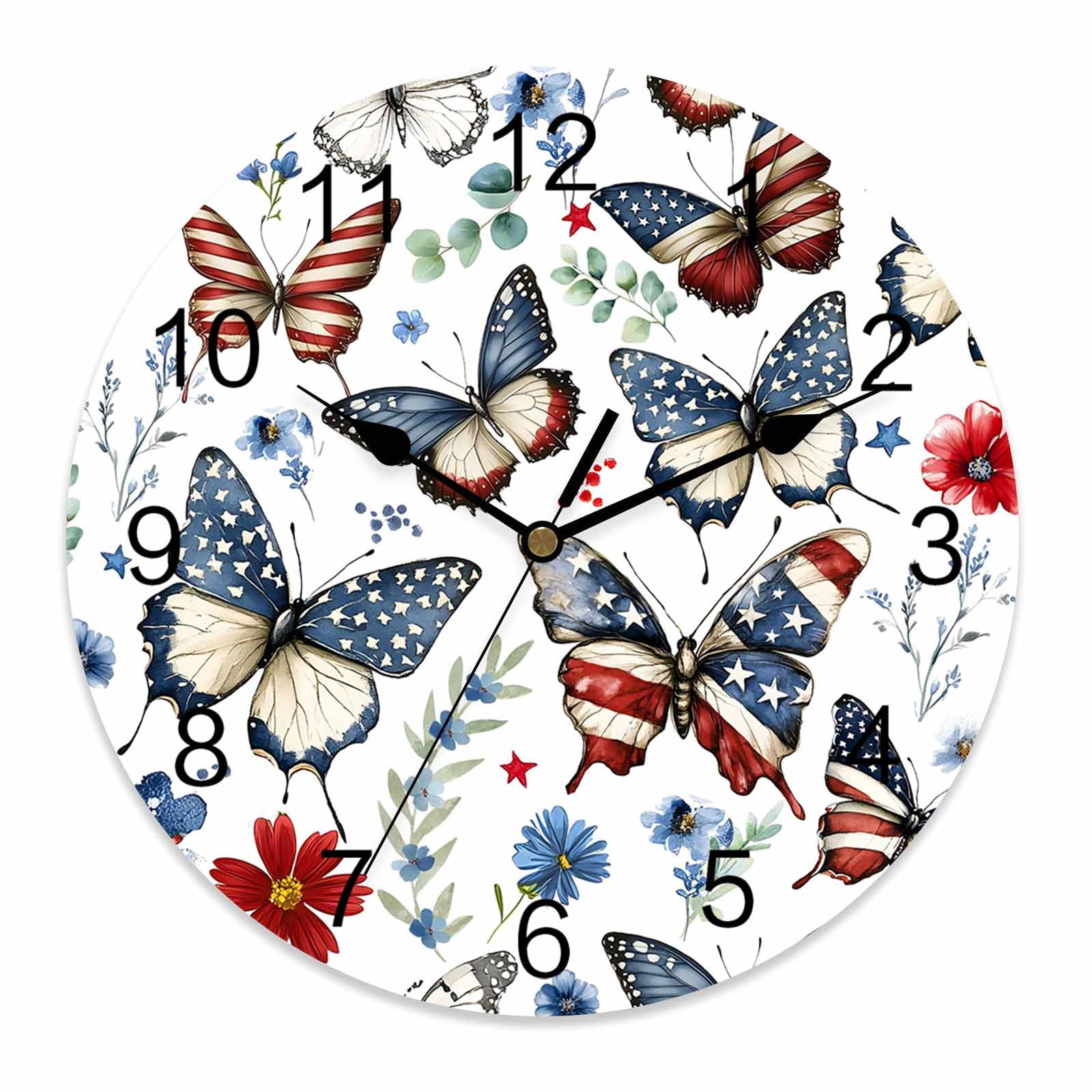 Silent Wall Clocks Battery Operated, Patriotic Butterfly 4th of July ...
