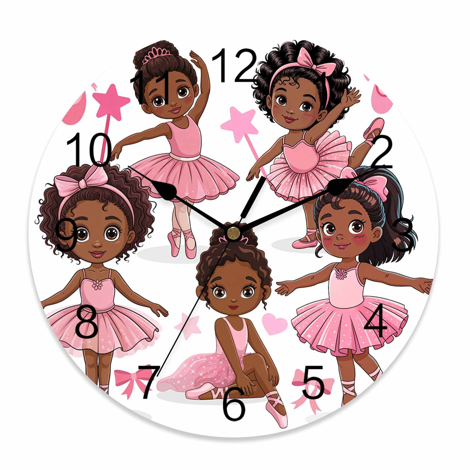 Silent Wall Clocks Battery Operated, Pink Bow Ballet Cute Girl Round ...