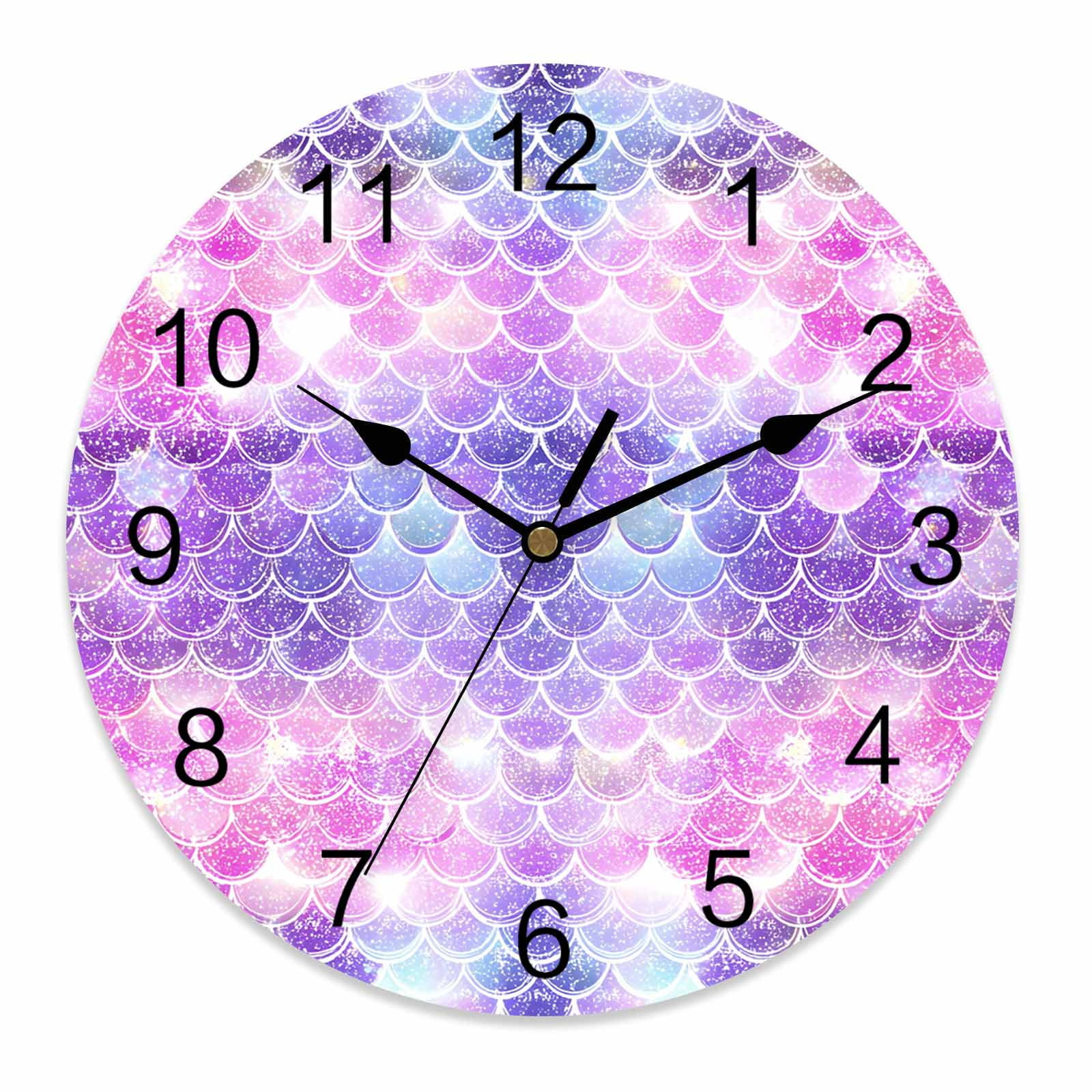 Silent Wall Clocks Battery Operated, Purple Pink Mermaid Scales Round ...