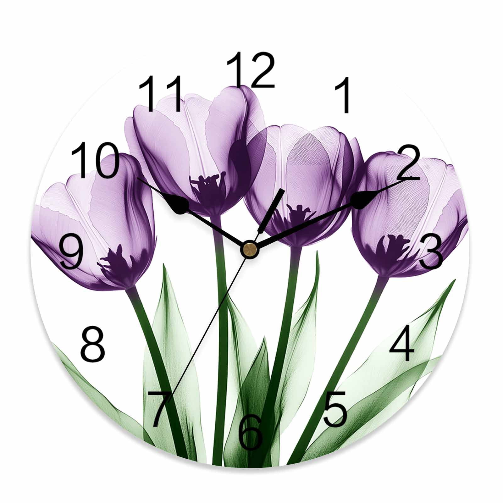 Silent Wall Clocks Battery Operated, Purple Tulip Floral Round ...