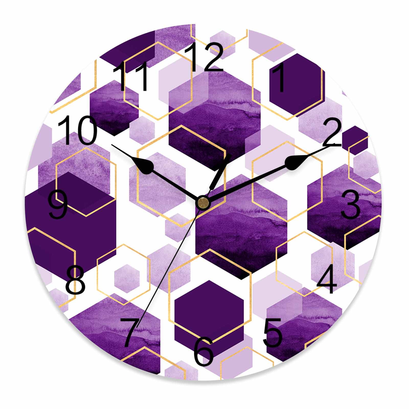 Silent Wall Clocks Battery Operated, Purple White Gold Geometric Round ...