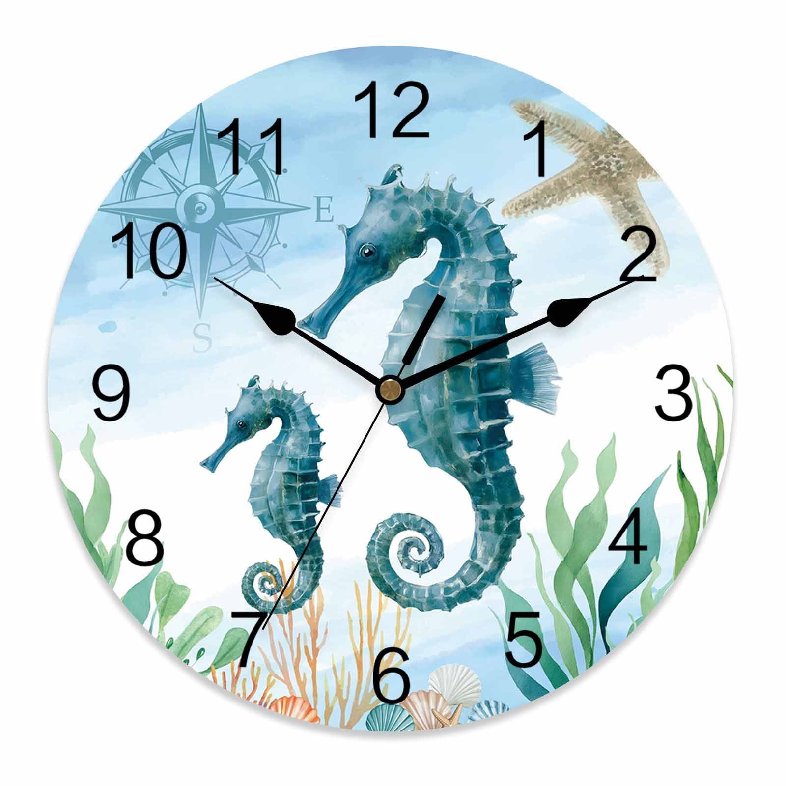 Silent Wall Clocks Battery Operated, Sea Hippocampus Compass Round ...