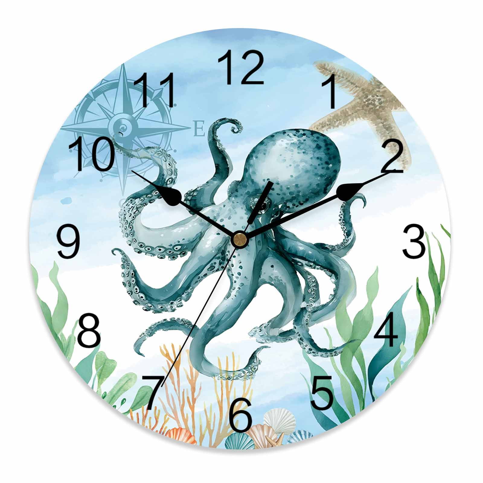 Silent Wall Clocks Battery Operated, Sea Octopus Compass Round ...