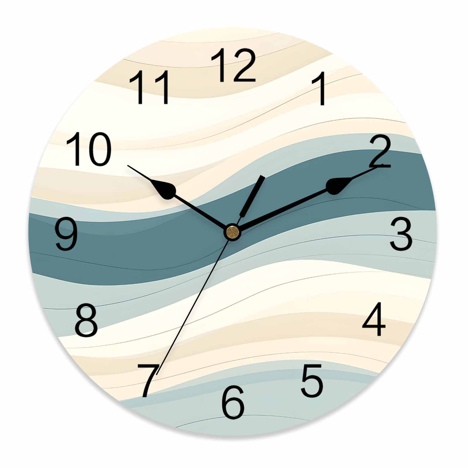 Silent Wall Clocks Battery Operated, Teal Beige Wave Striped Round ...