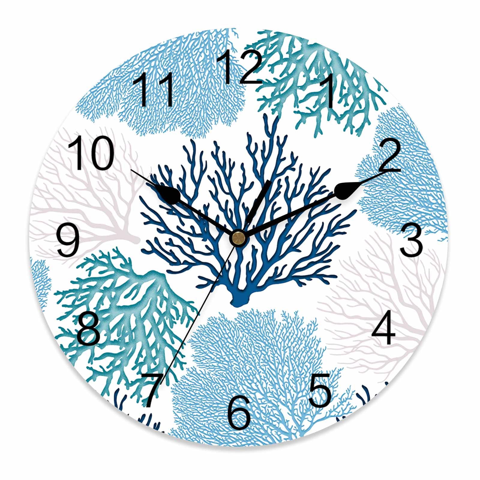 Silent Wall Clocks Battery Operated, Teal Blue Coral Round Decorative ...
