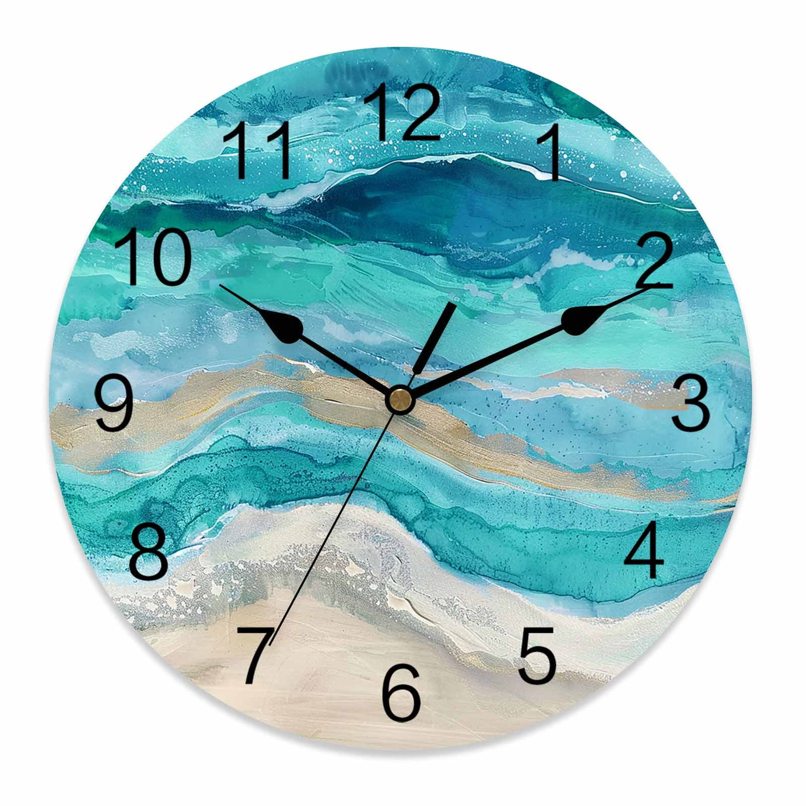 Silent Wall Clocks Battery Operated, Turquoise Coastal Beach Round ...