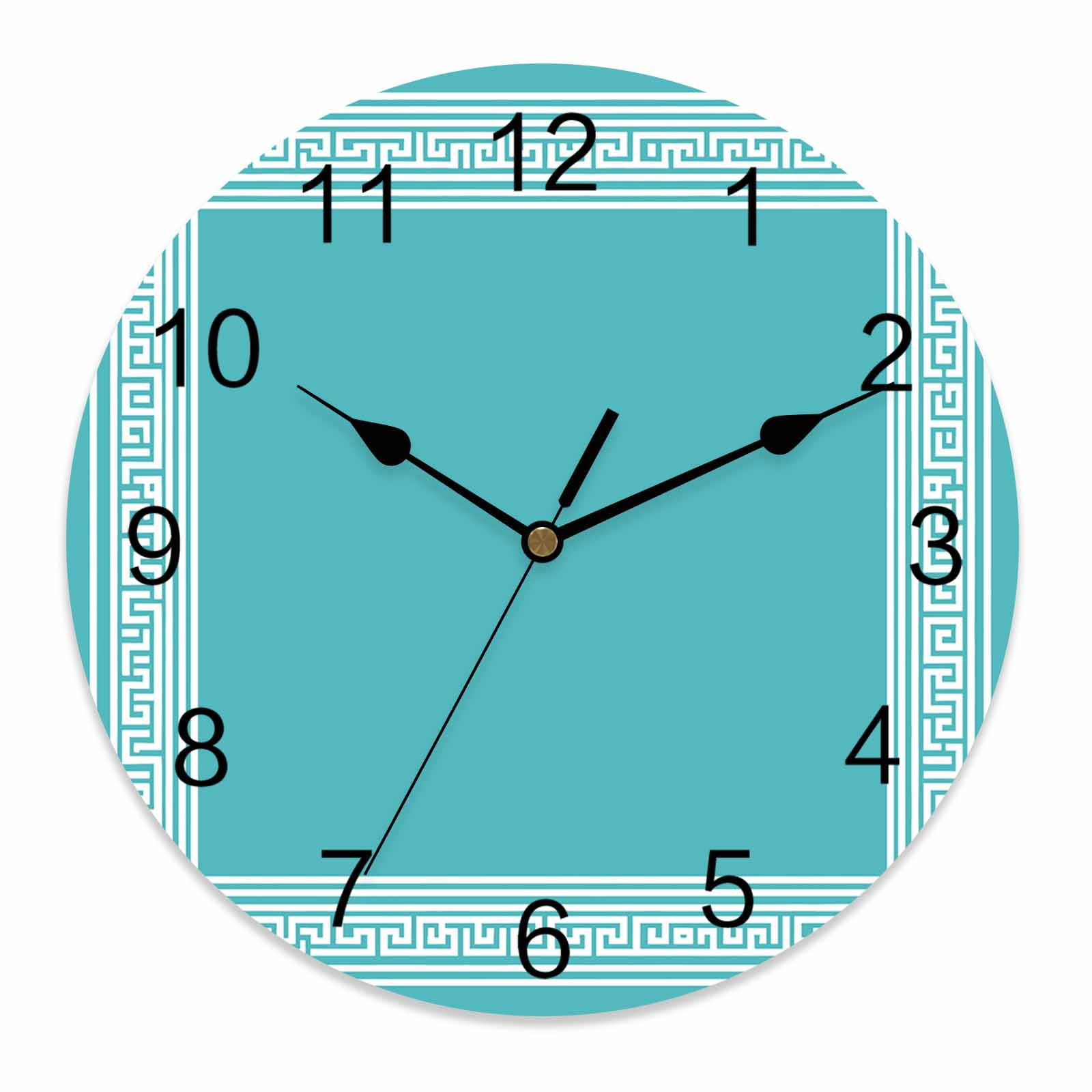 Silent Wall Clocks Battery Operated, Turquoise White Greek Key Pattern ...