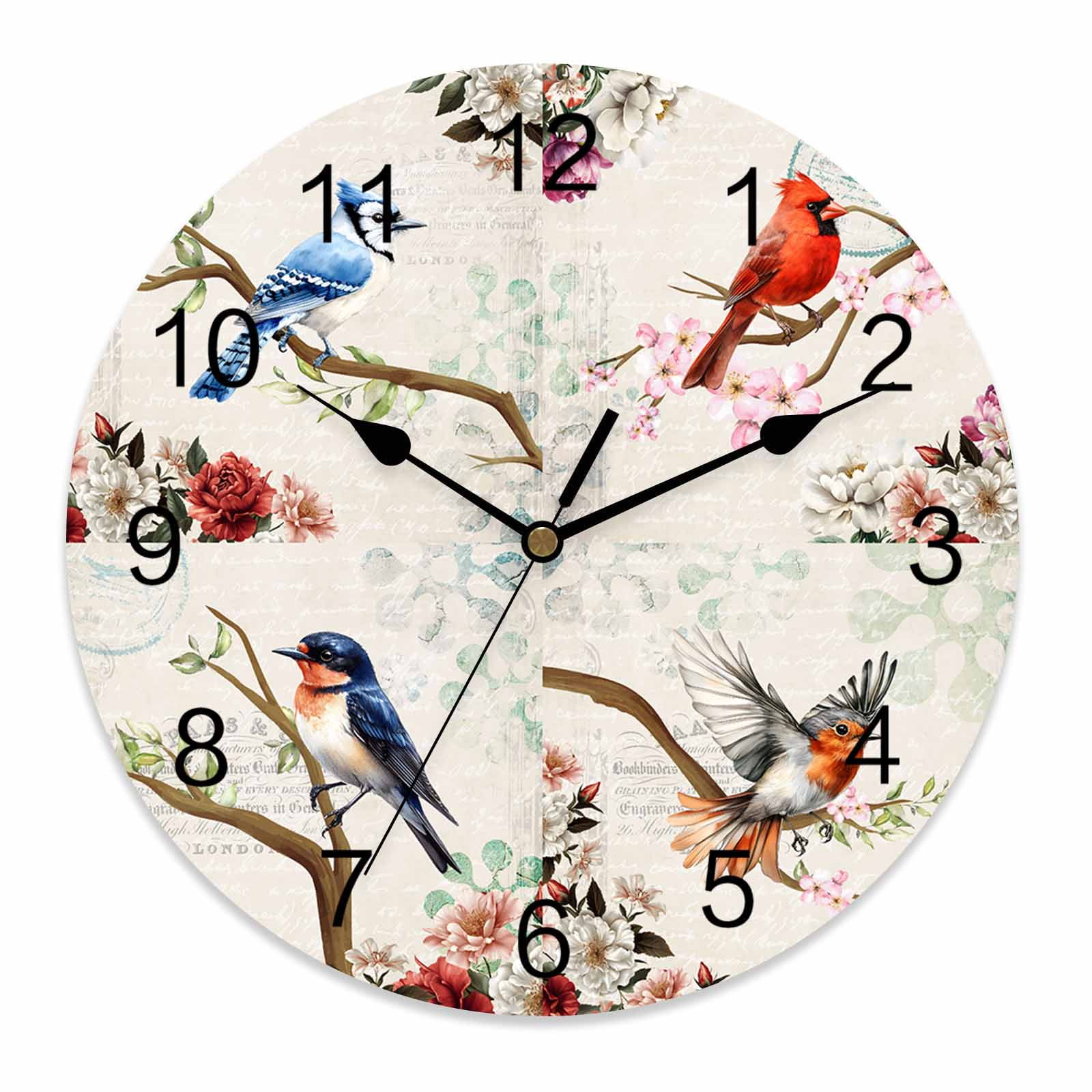 Silent Wall Clocks Battery Operated, Vintage Birds Flower Round ...