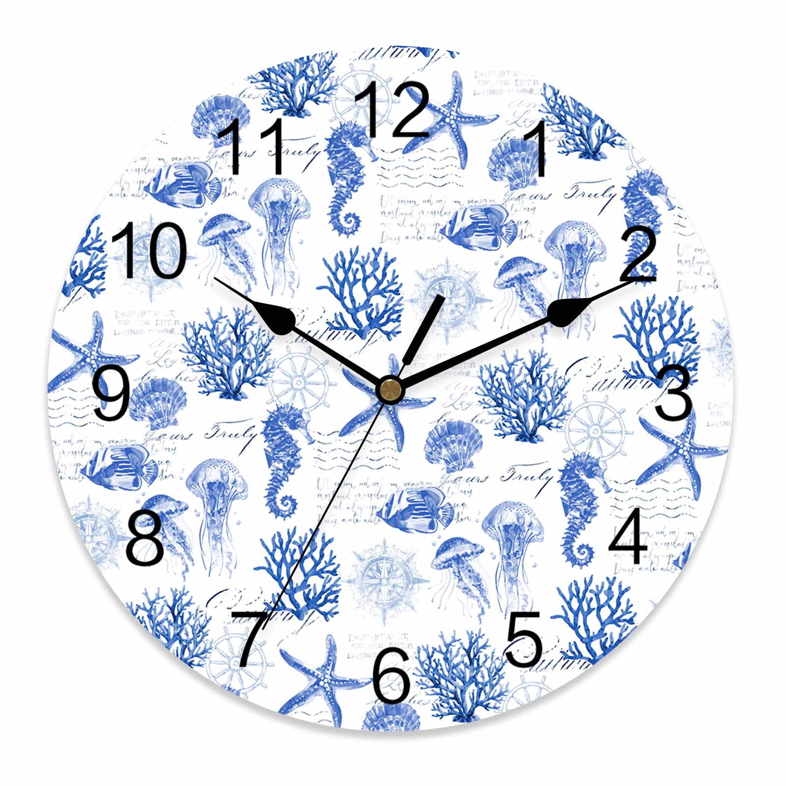 Silent Wall Clocks Battery Operated, Watercolor Coastal Round ...