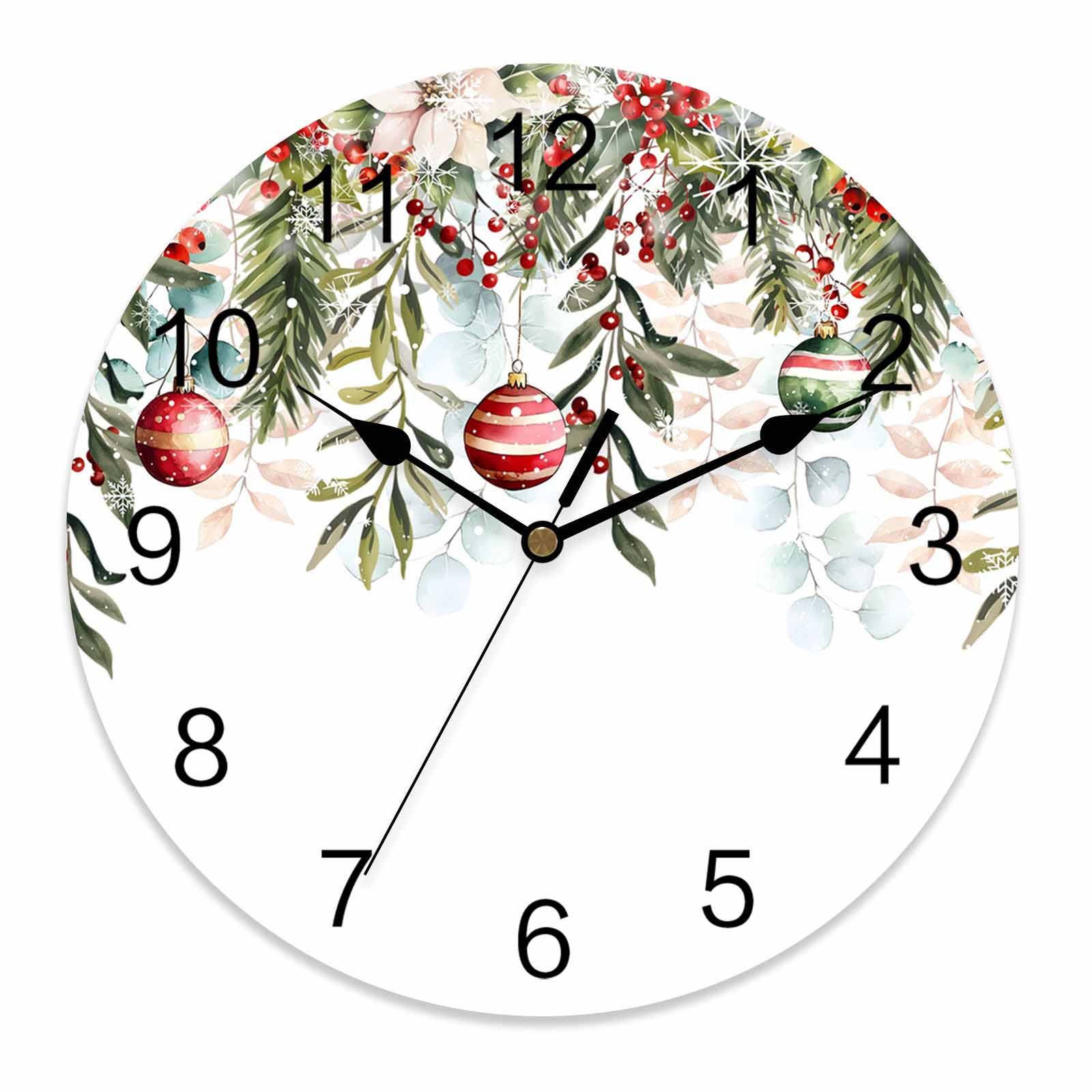 Silent Wall Clocks Battery Operated, Watercolor Floral Christmas Balls ...