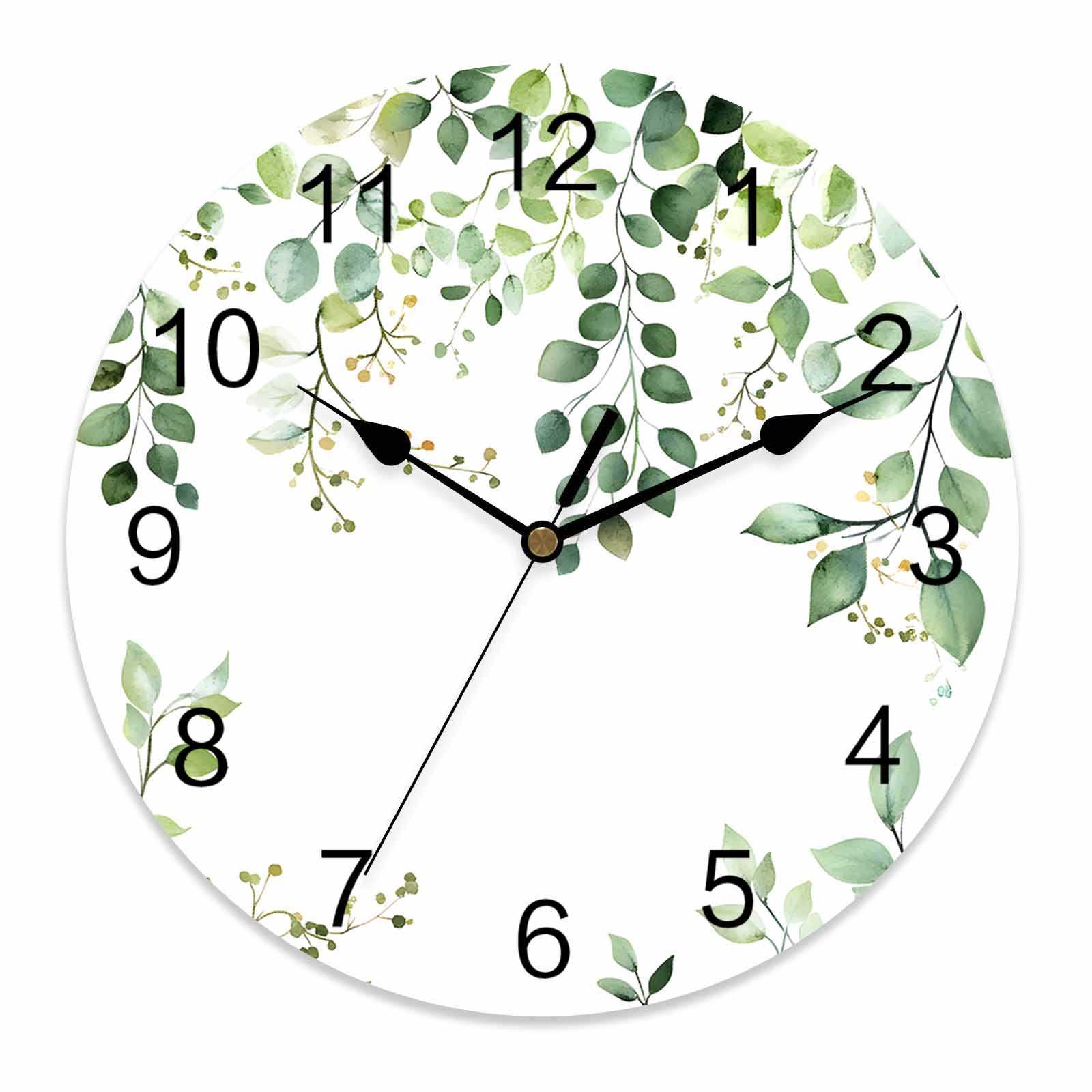 Silent Wall Clocks Battery Operated, Watercolor Green Eucalyptus Leaf ...