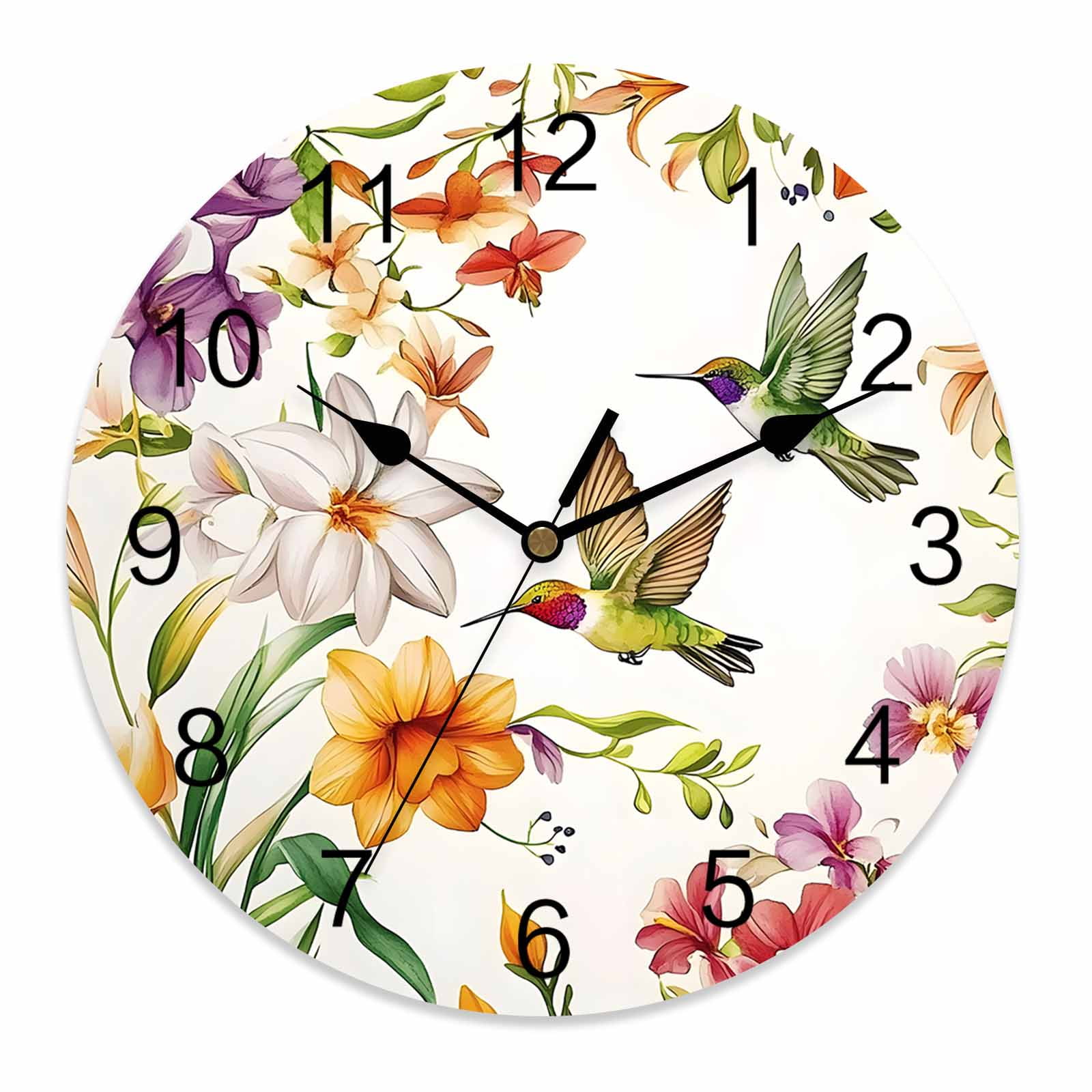 Silent Wall Clocks Battery Operated, Watercolor Hummingbird Flowers ...