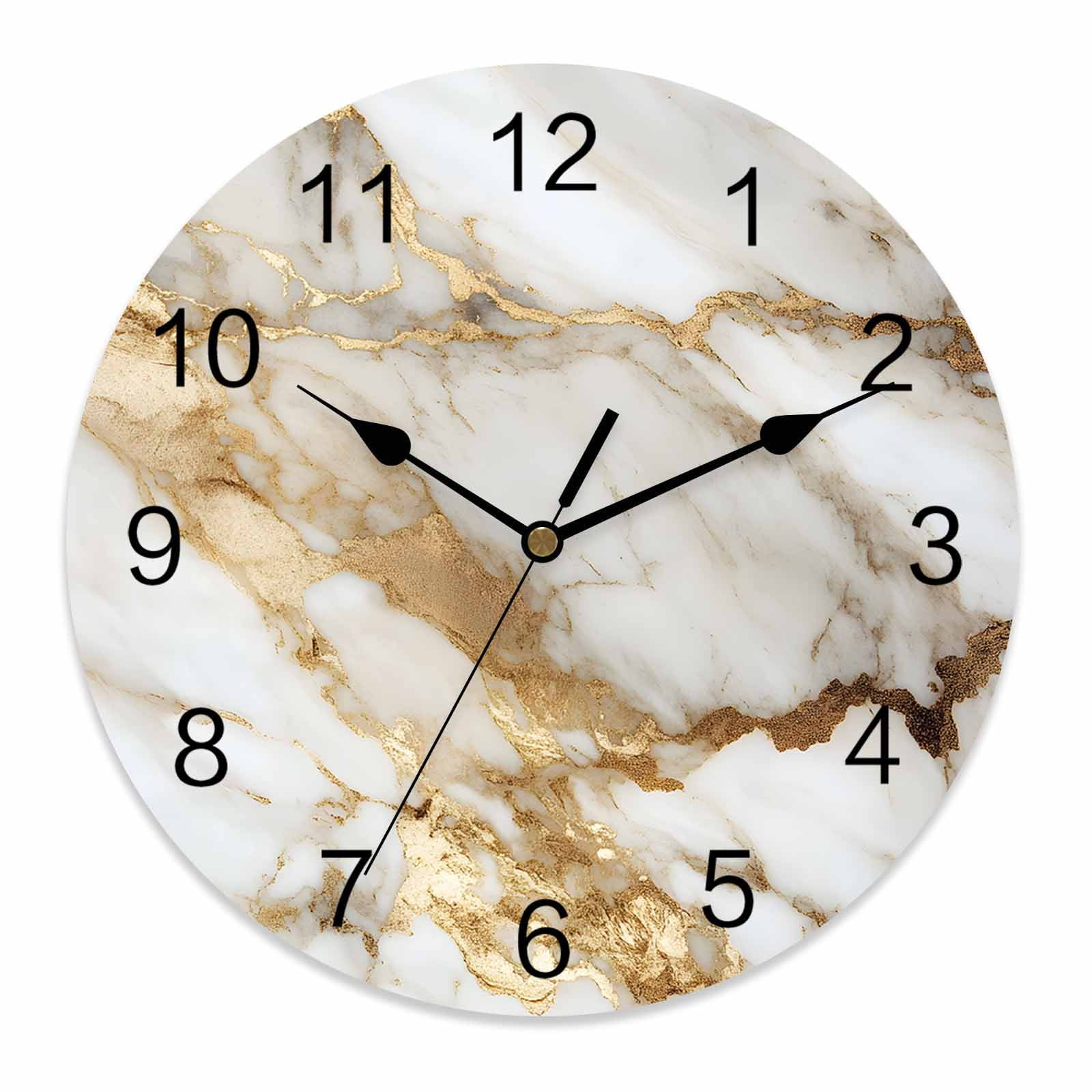 Silent Wall Clocks Battery Operated, White Gold Marble Textured Round ...