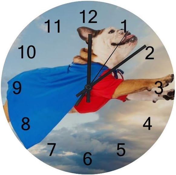 Silent Wooden Round Wall Clock Bulldog Flying Non Ticking Battery ...