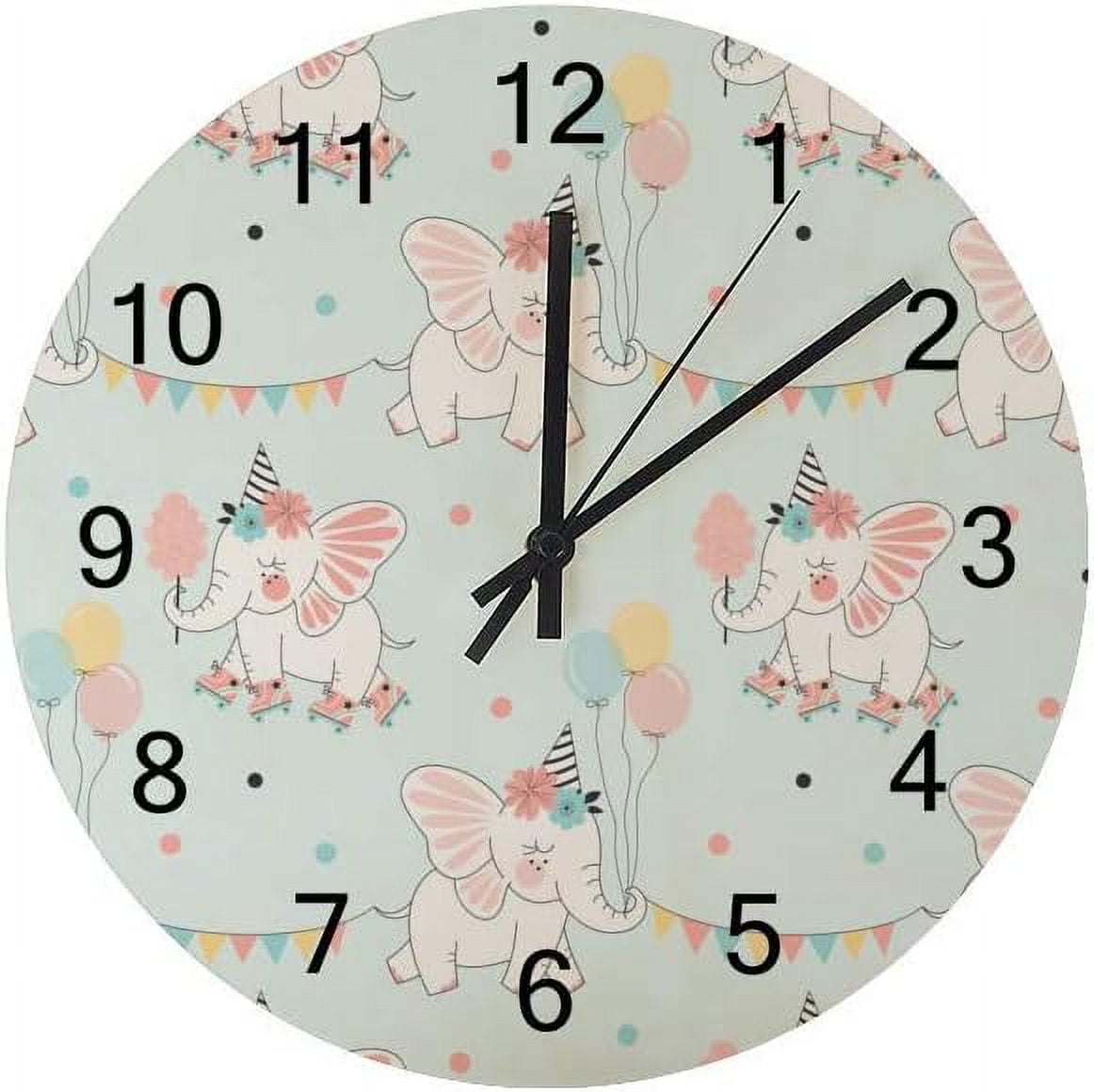 Silent Wooden Round Wall Clock Candy Elephant Non Ticking Battery ...