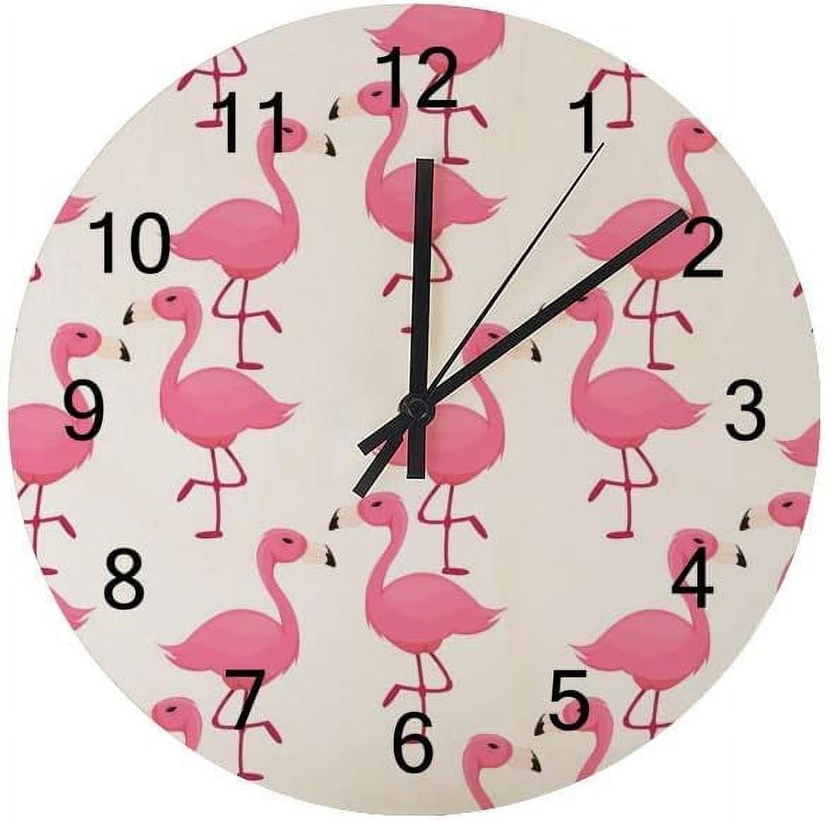 Silent Wooden Round Wall Clock Cartoon Flamingo Non Ticking Battery ...
