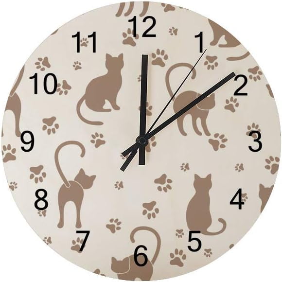 Silent Wooden Round Wall Clock Cats and Traces Non Ticking Battery ...