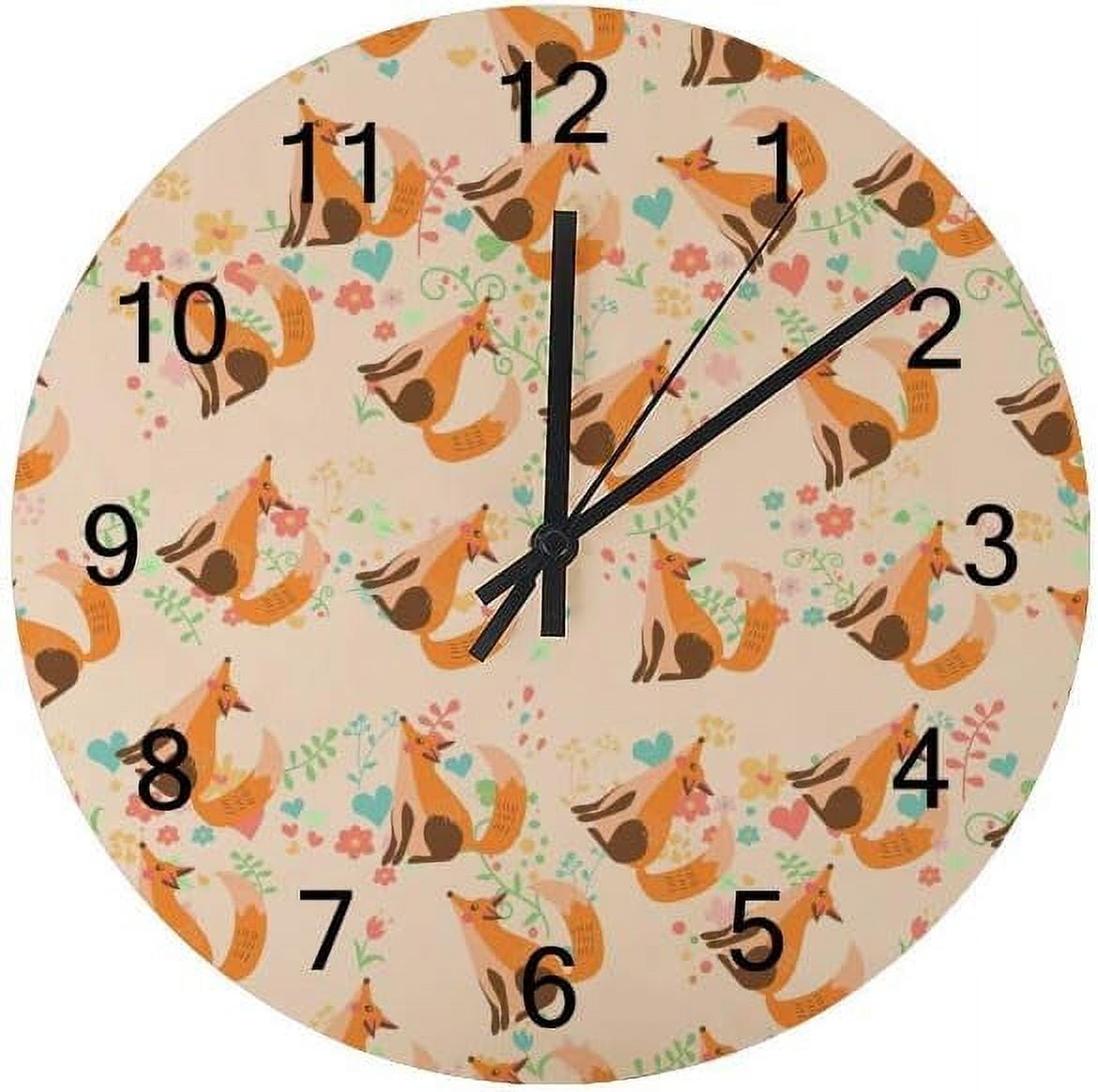 Silent Wooden Round Wall Clock Cute Fox and Flower Non Ticking Battery ...
