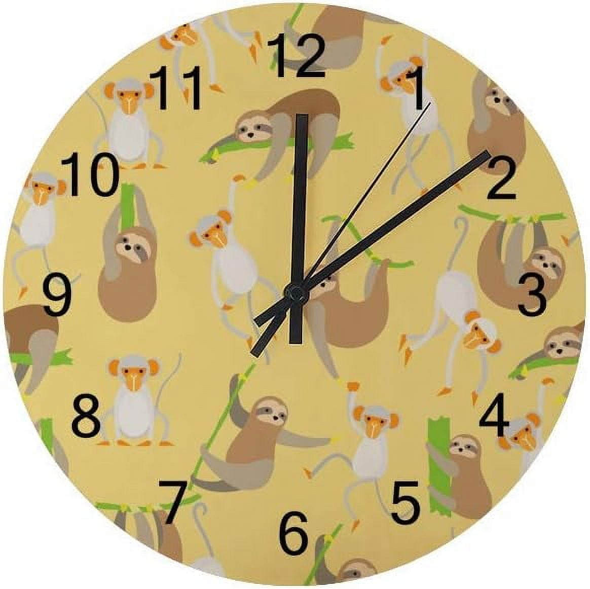 Silent Wooden Round Wall Clock Cute Monkey and Sloth Non Ticking ...