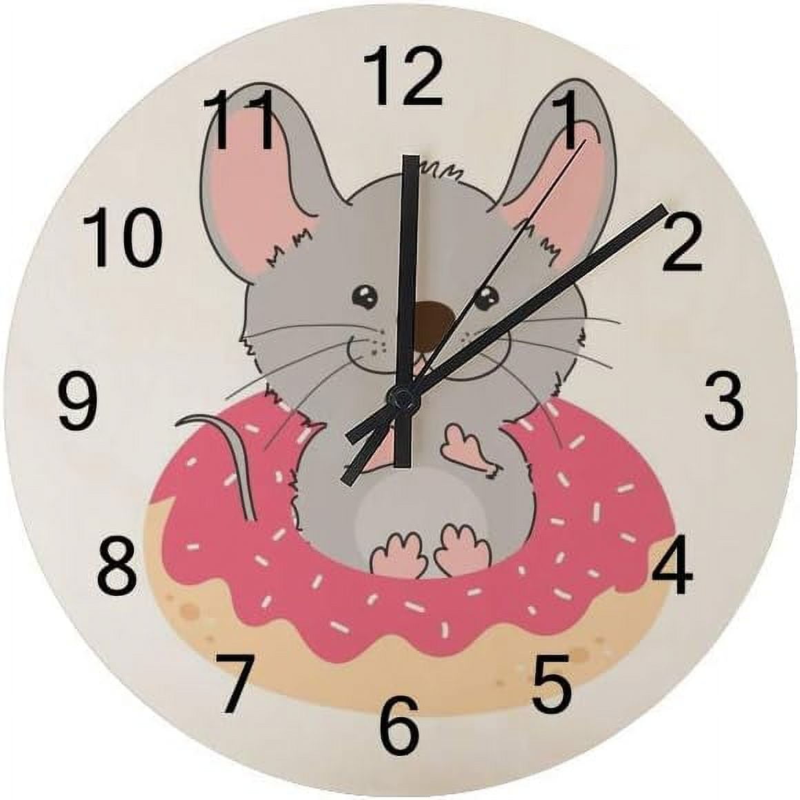 Silent Wooden Round Wall Clock Cute Mouse On Doughnut Non Ticking ...