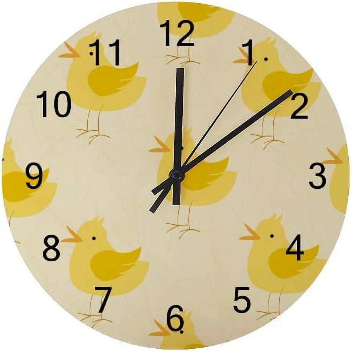 Silent Wooden Round Wall Clock Cute Yellow Birds Non Ticking Battery Operated Clocks for Home ...