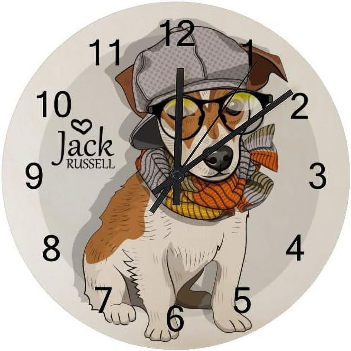 Silent Wooden Round Wall Clock Dog with Grey Hat Non Ticking Battery ...