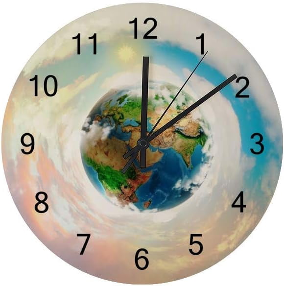 Silent Wooden Round Wall Clock Earth Planet Non Ticking Battery ...