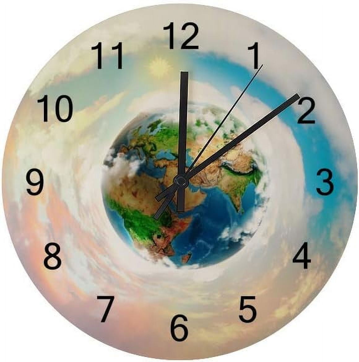 Silent Wooden Round Wall Clock Earth Planet Non Ticking Battery ...