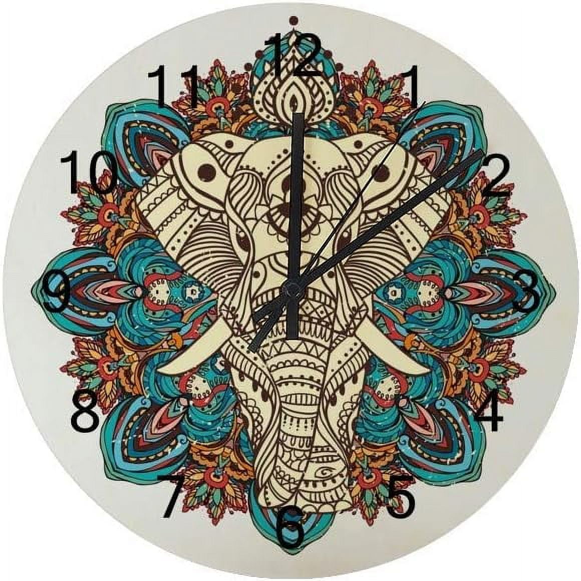 Silent Wooden Round Wall Clock Ethnic Elephant Non Ticking Battery ...