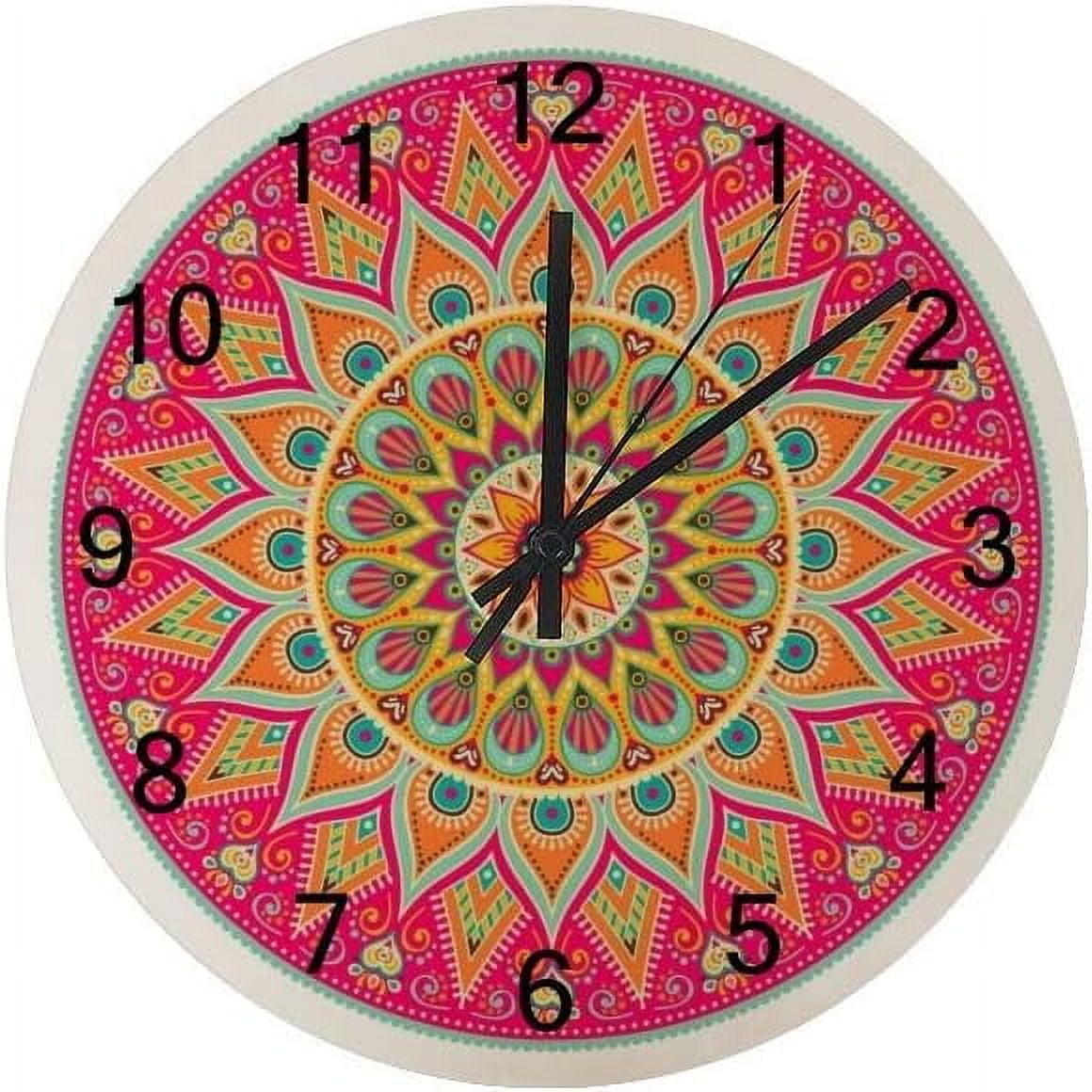 Silent Wooden Round Wall Clock Floral Mandala Non Ticking Battery ...