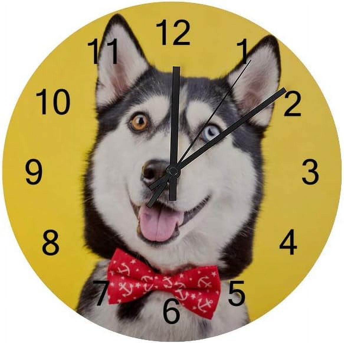 Silent Wooden Round Wall Clock Funny Husky Non Ticking Battery Operated ...