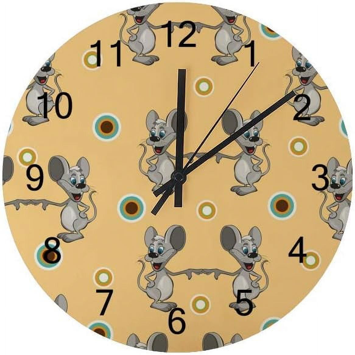 Silent Wooden Round Wall Clock Funny Mice Non Ticking Battery Operated ...