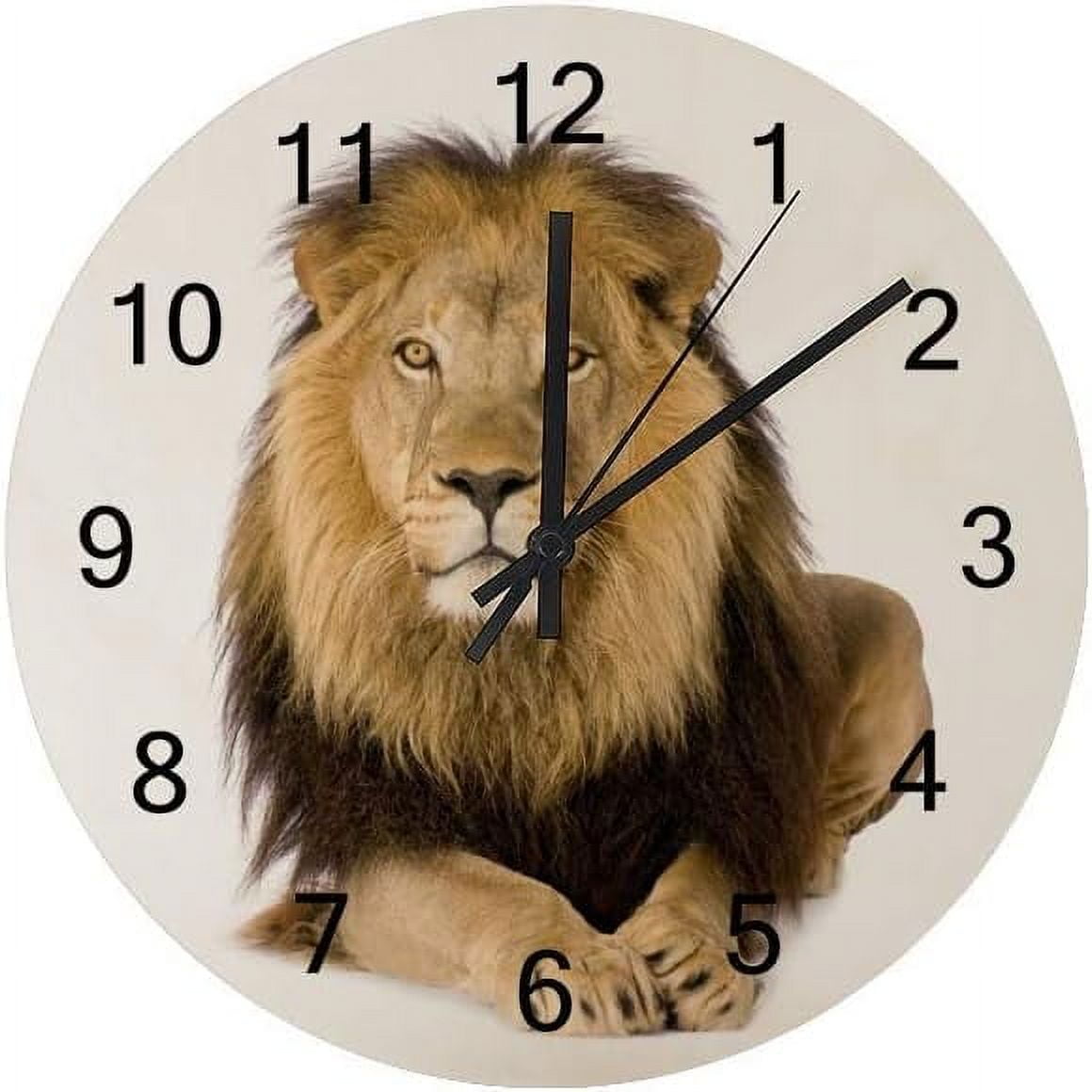Silent Wooden Round Wall Clock Lion On White Non Ticking Battery ...