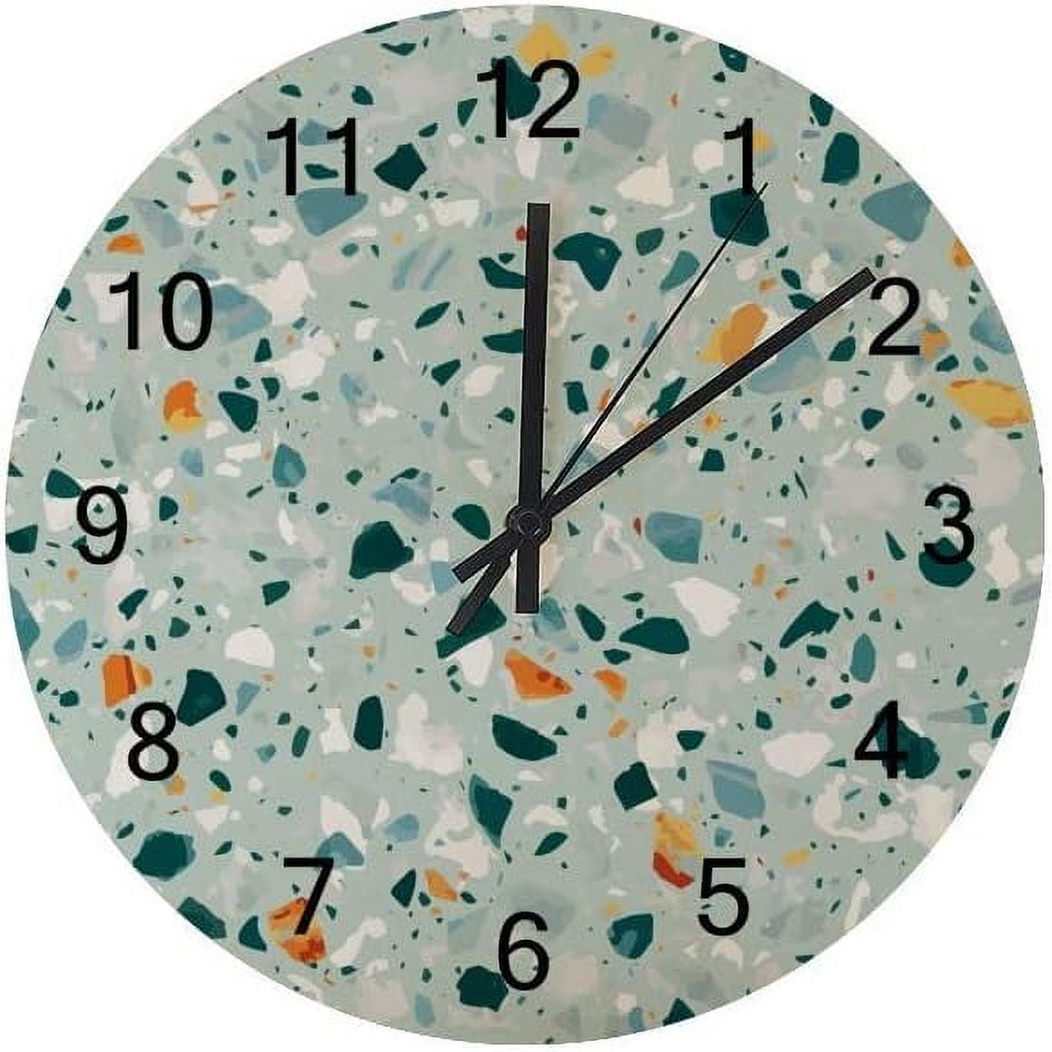 Silent Wooden Round Wall Clock Marble with Splashes Non Ticking Battery ...