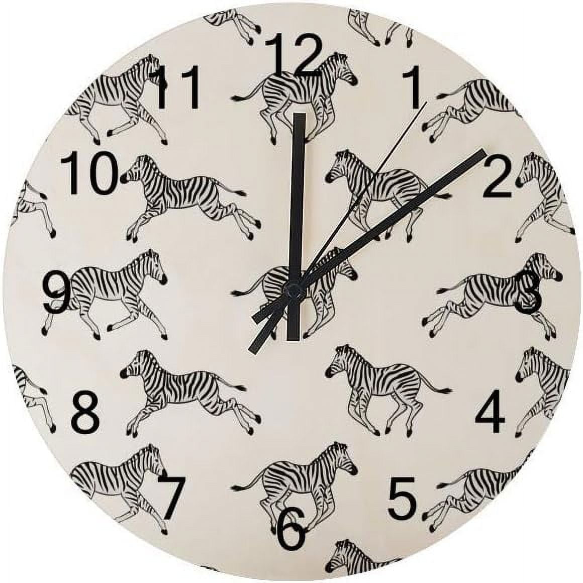 Silent Wooden Round Wall Clock Running Zebras Non Ticking Battery ...