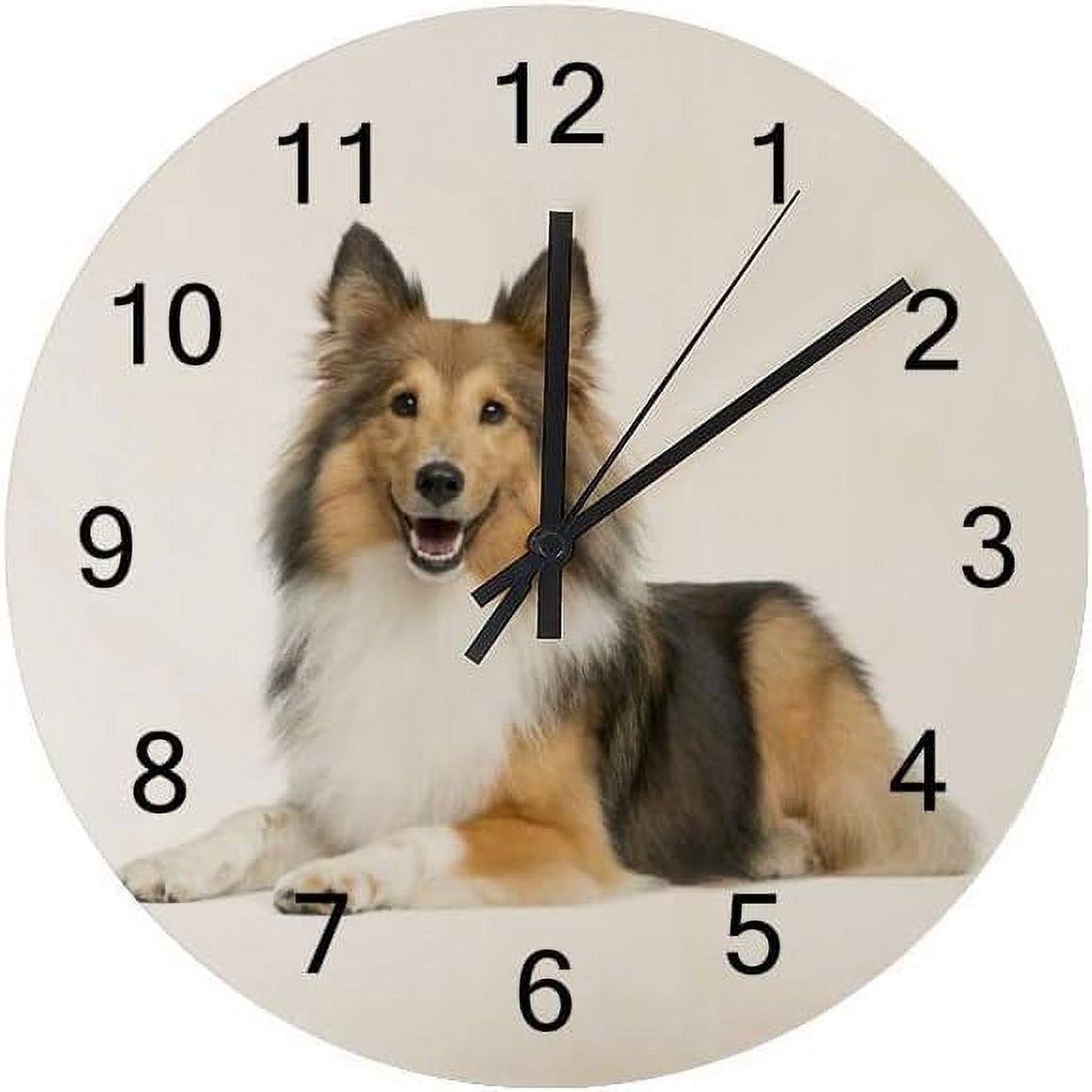 Silent Wooden Round Wall Clock Shetland Sheepdog Lying Non Ticking ...