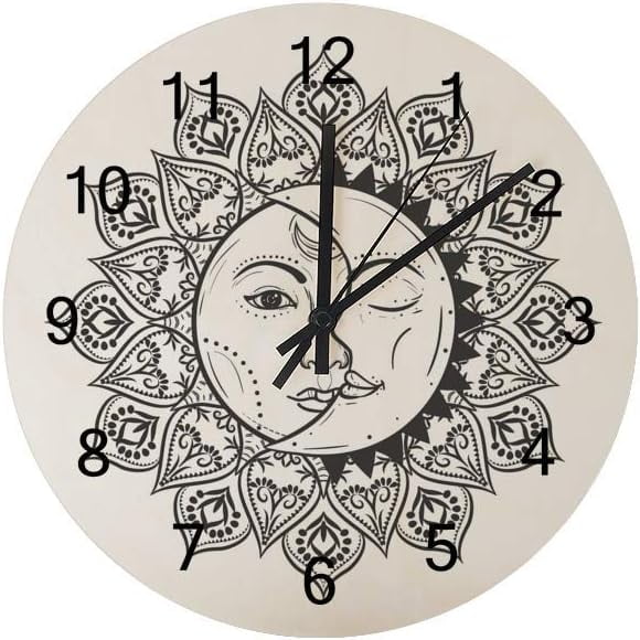 Silent Wooden Round Wall Clock Sun Eclipse Non Ticking Battery Operated ...