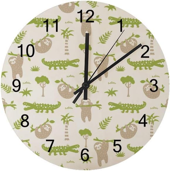 Silent Wooden Round Wall Clock Walking Crocodiles and Sloth Non Ticking ...