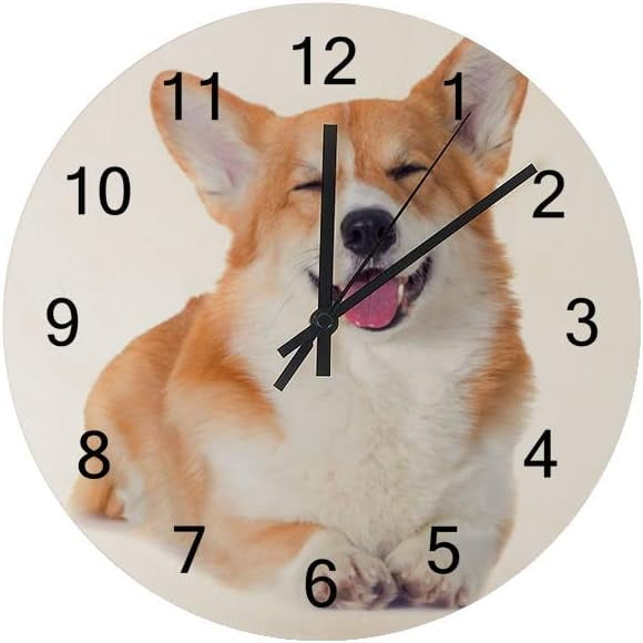 Silent Wooden Round Wall Clock Welsh Corgi Dog Smiling Non Ticking ...