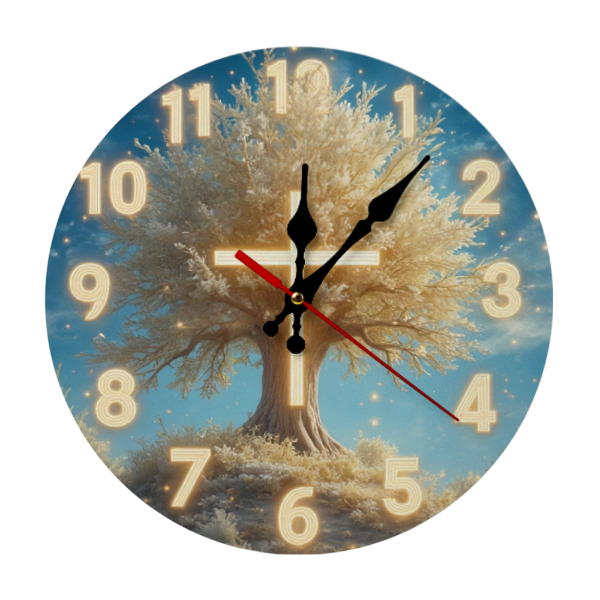 Silent Wooden Spiritual Wall Clock with Cross & Tree of Life Design ...