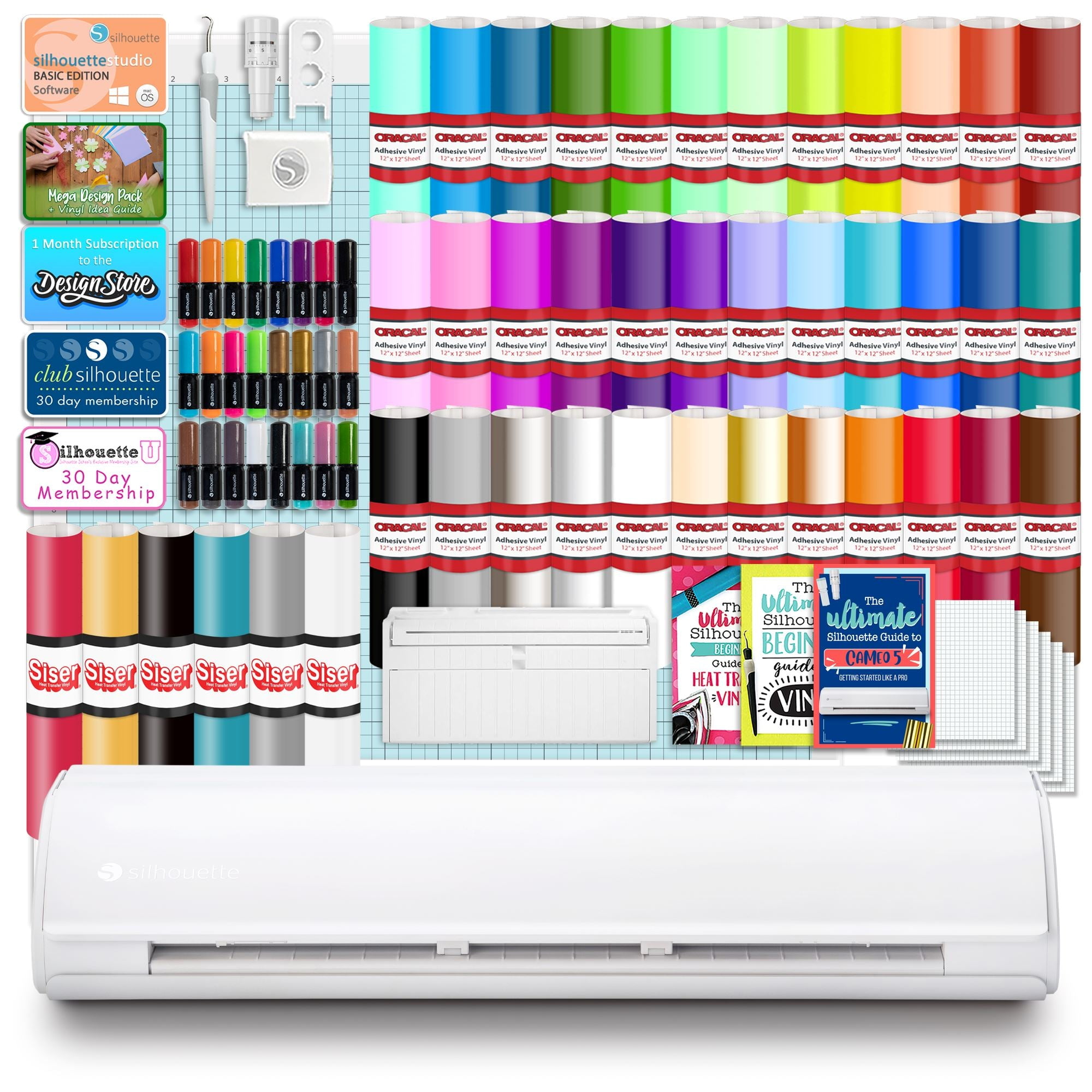 Silhouette Cameo 5 PLUS w/ 38 Oracal Sheets, Siser HTV, Guides, 24 Pens ...