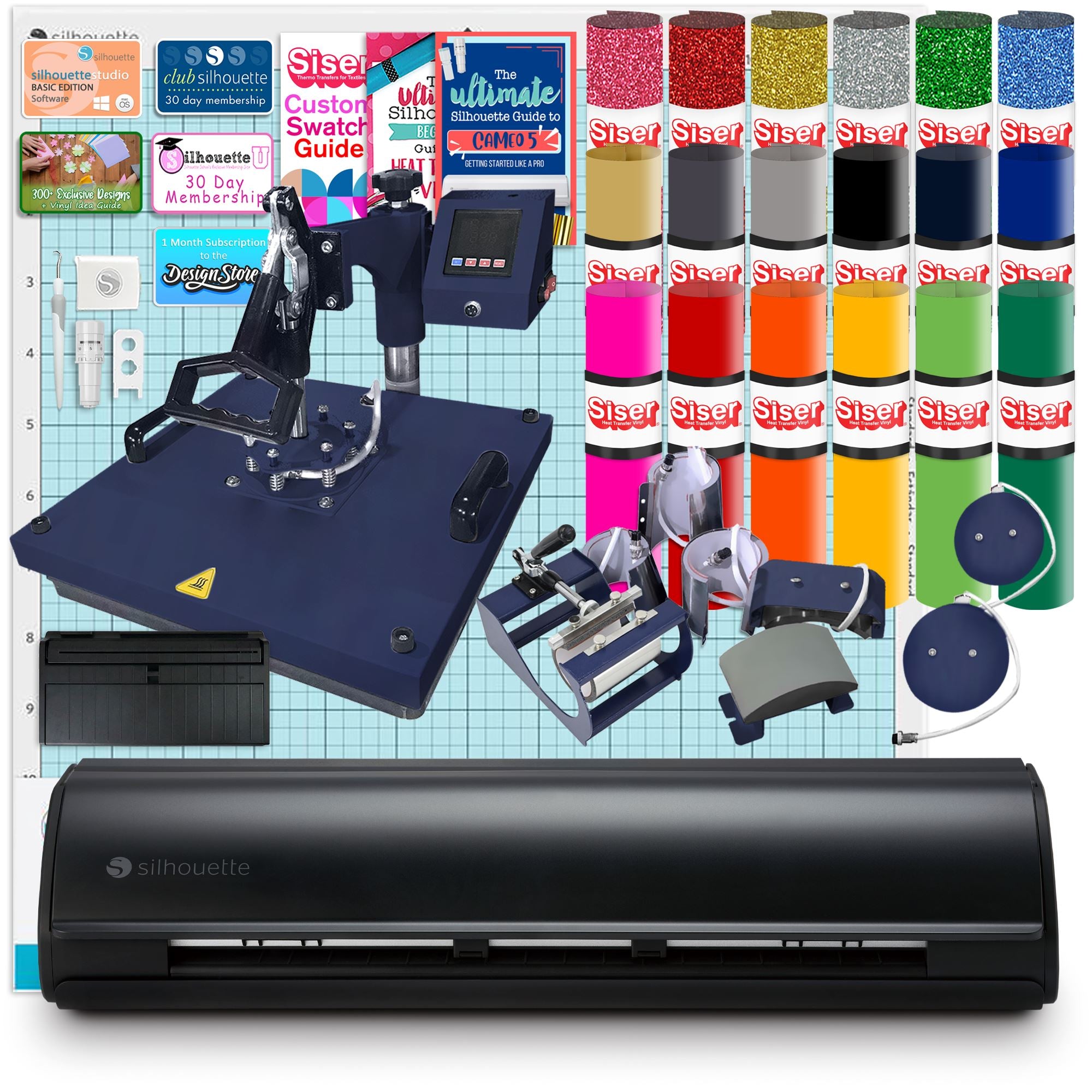 Silhouette Matte Black Cameo 5 w/ 8-in-1 Navy Heat Press & Siser HTV ...