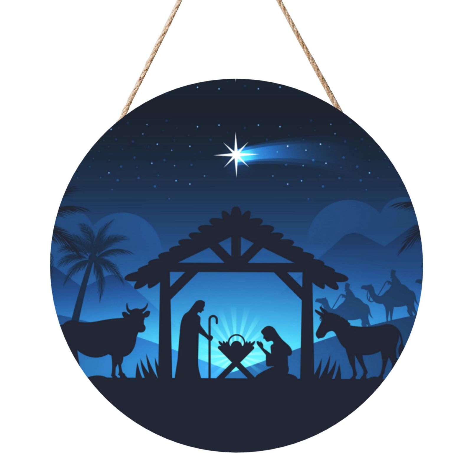 Silhouette Nativity Scene Night Design Wooden Hanging Sign Ornament ...