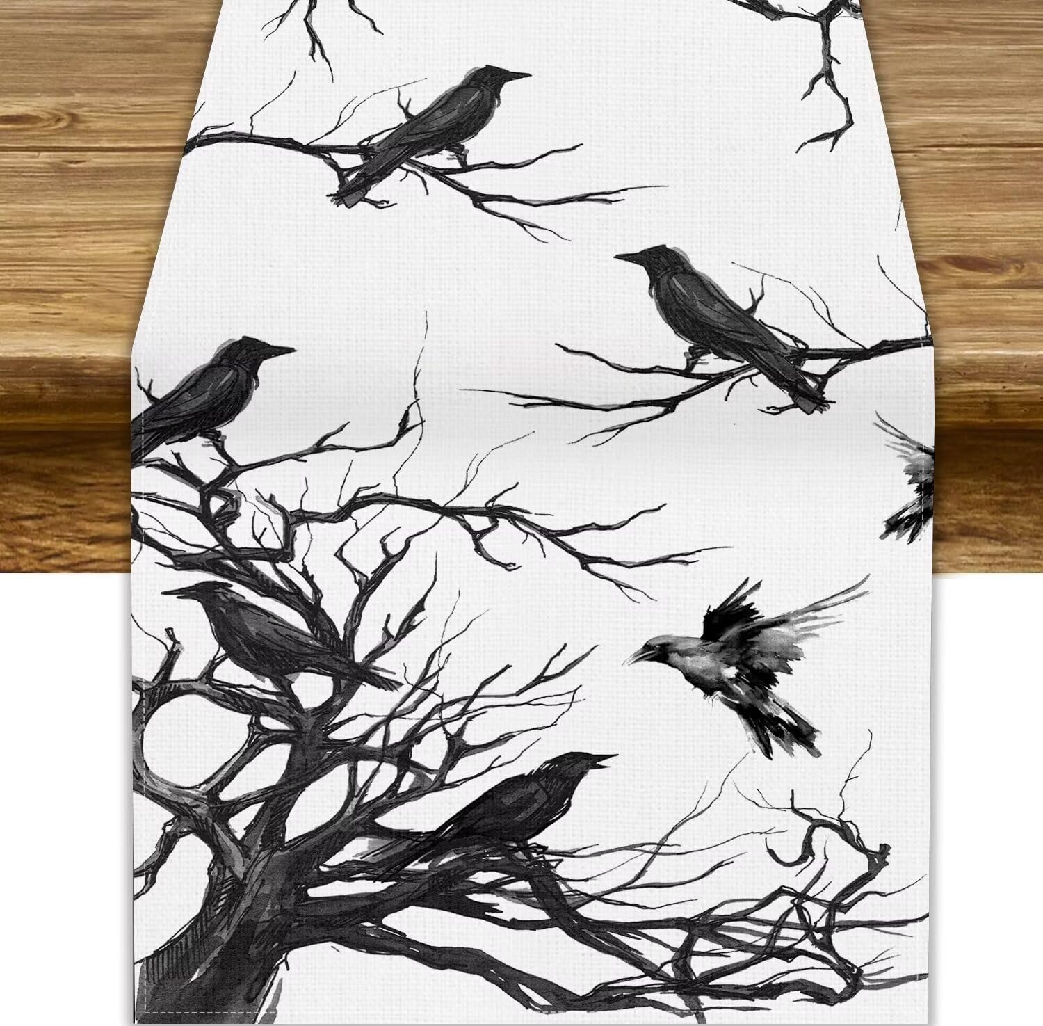 Silhouette Tree Crows Halloween Table Runner Branches Fall Kitchen ...