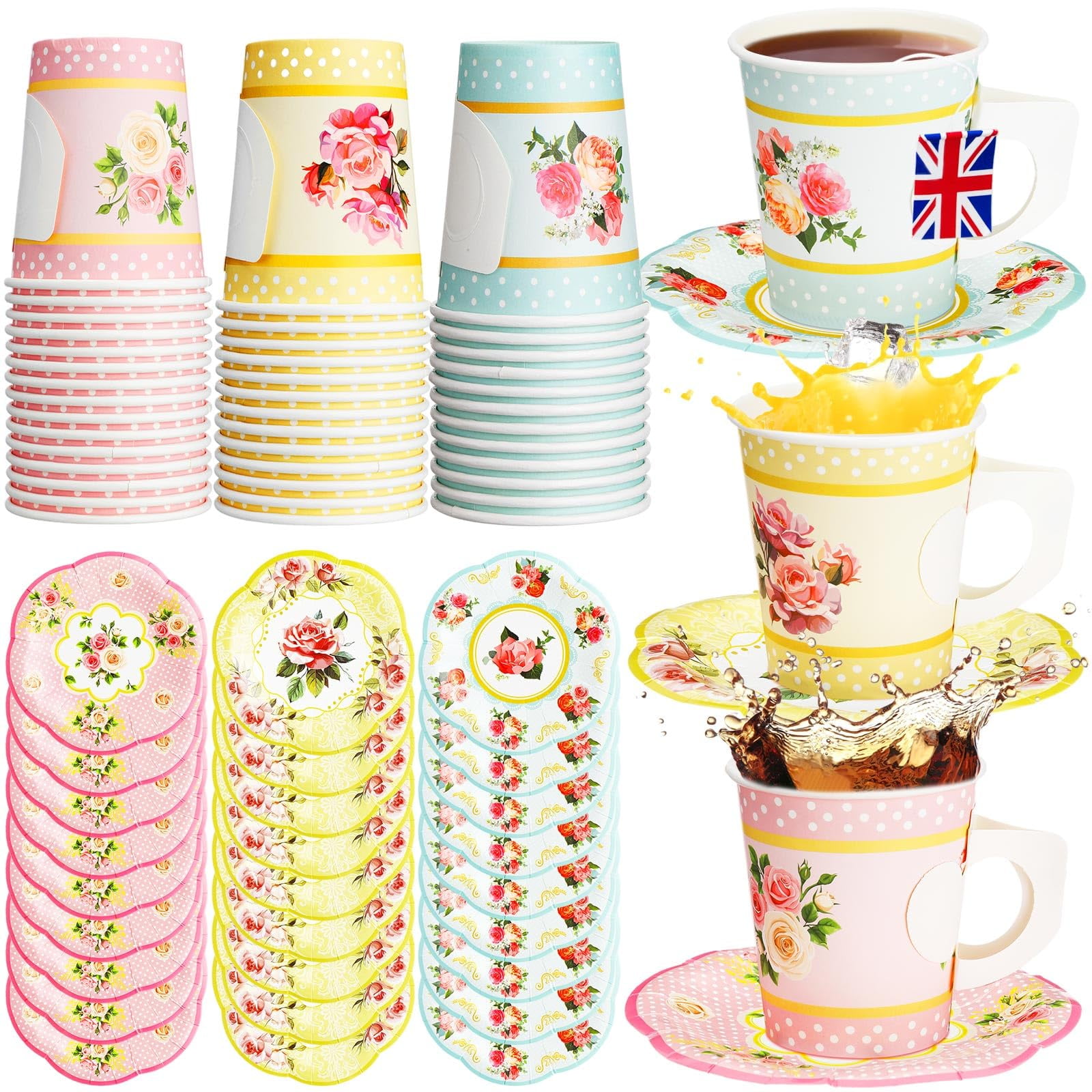 SiliFine 30 Sets Floral SSF20 Paper Tea Cups and Saucers, 7 oz ...