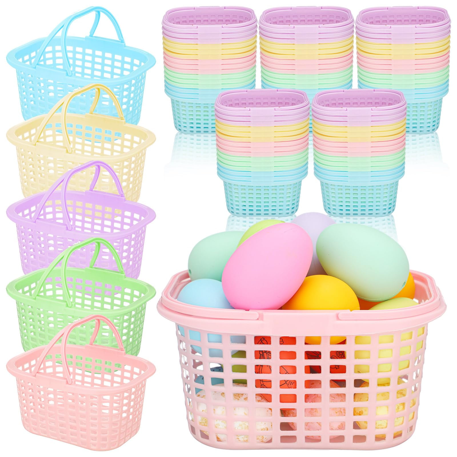 SiliFine 60 Pcs Pastel MMF7 Plastic Easter Baskets Bulk Small Colorful Plastic Baskets with ...