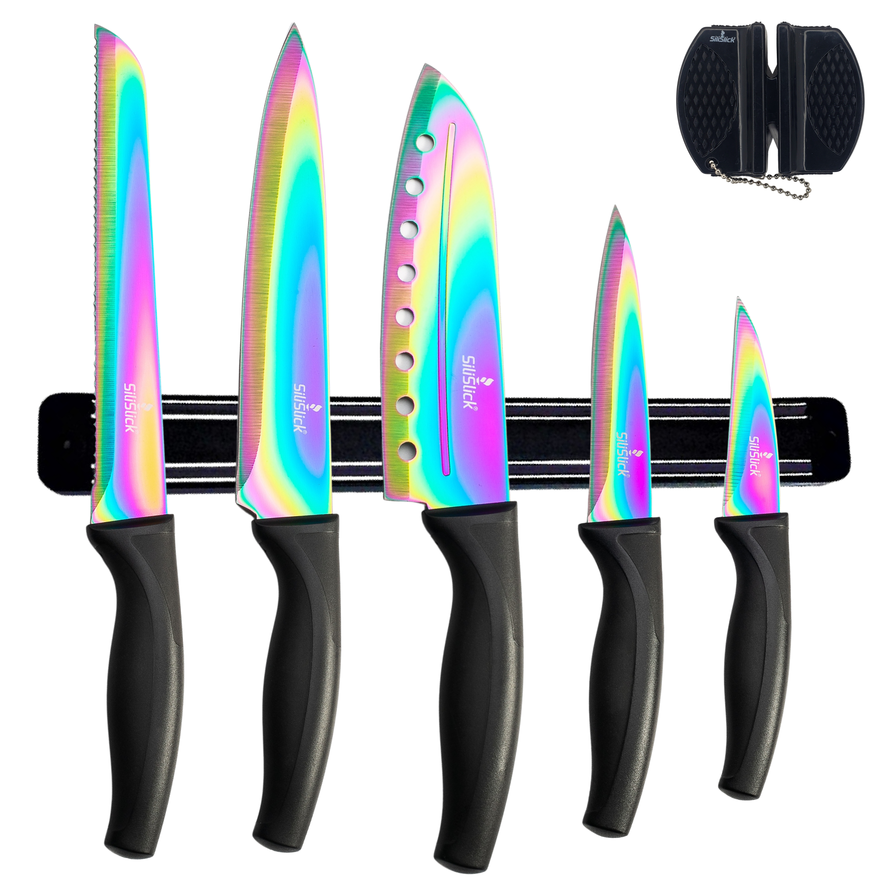 SiliSlick Kitchen Cutlery Set, Holder, Titanium Coated Colorful Knife ...